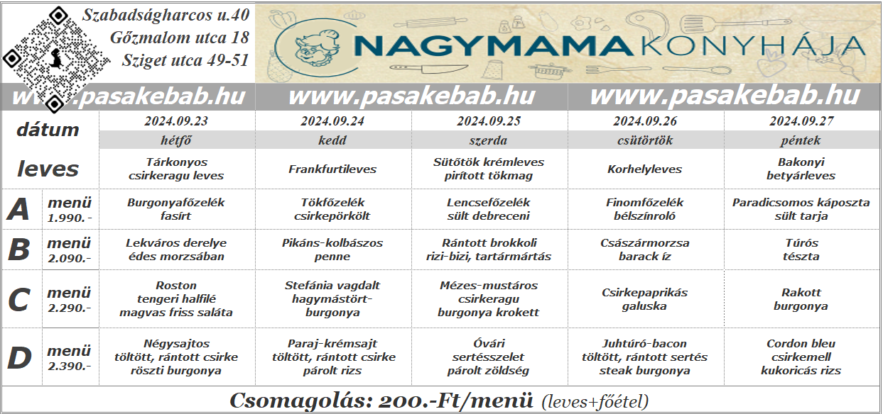 NAPI MENÜ 09.27. péntek - Pasa Kebab Székesfehérvár